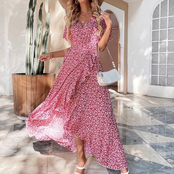Bellanblue Dresses Boho Floral Print Butterfly Sleeve Maxi Dress